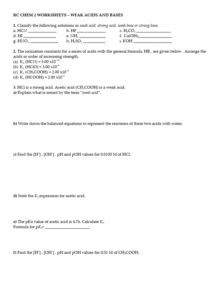 Ws 3 Weak Acid Base Calculations | PDF