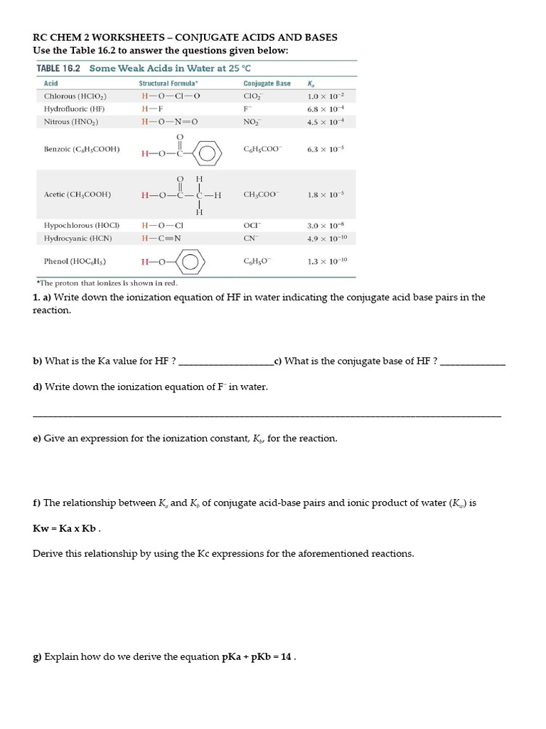 Ws 5 Conjugate Acid Base Pairs | PDF