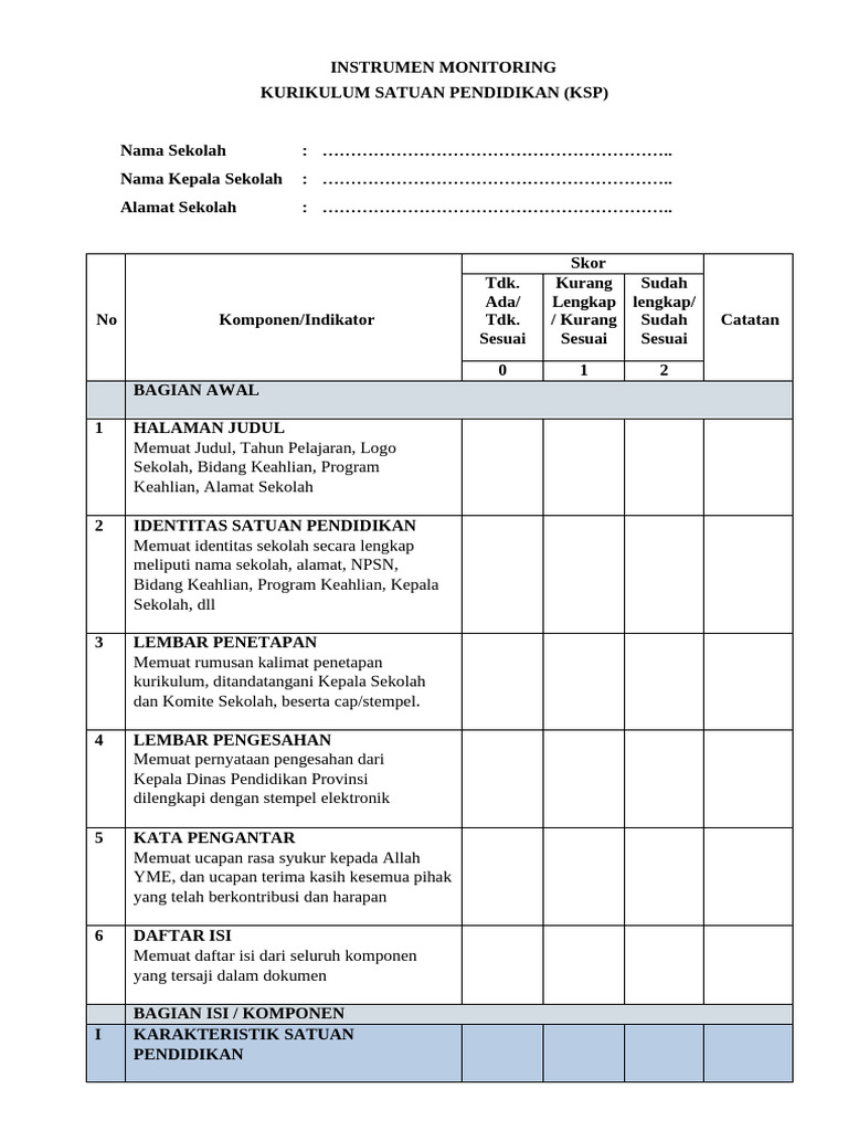 Instrumen Monitoring KSP 2025 2026 | PDF