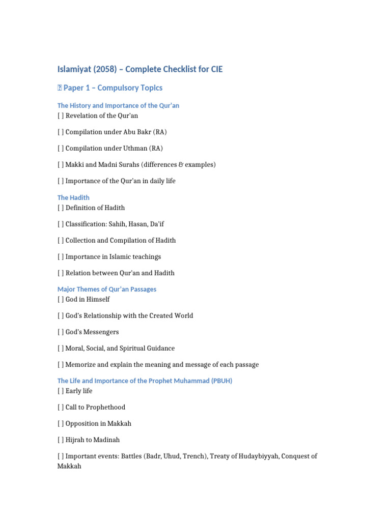 CIE Islamiyat 2058: Complete Checklist | PDF | Quran | Islam