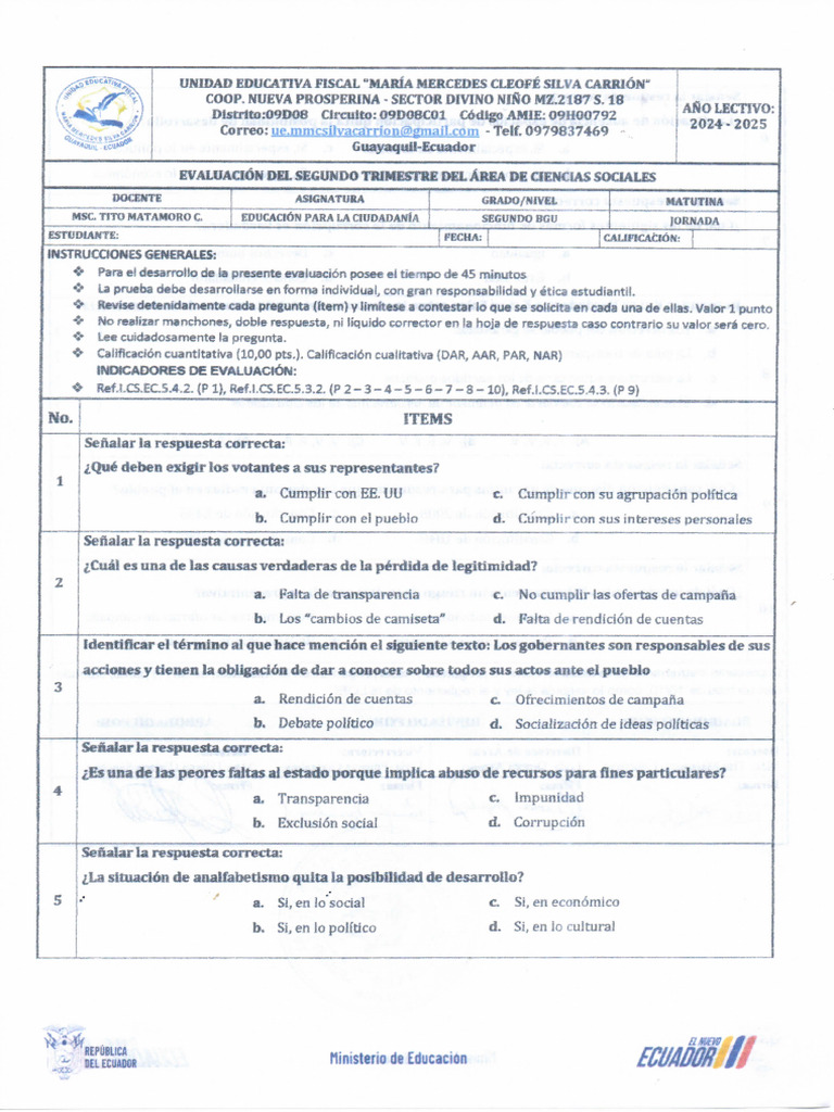 Examen de Ciudadanía de Segundo BGU 2024 - 2025 | PDF
