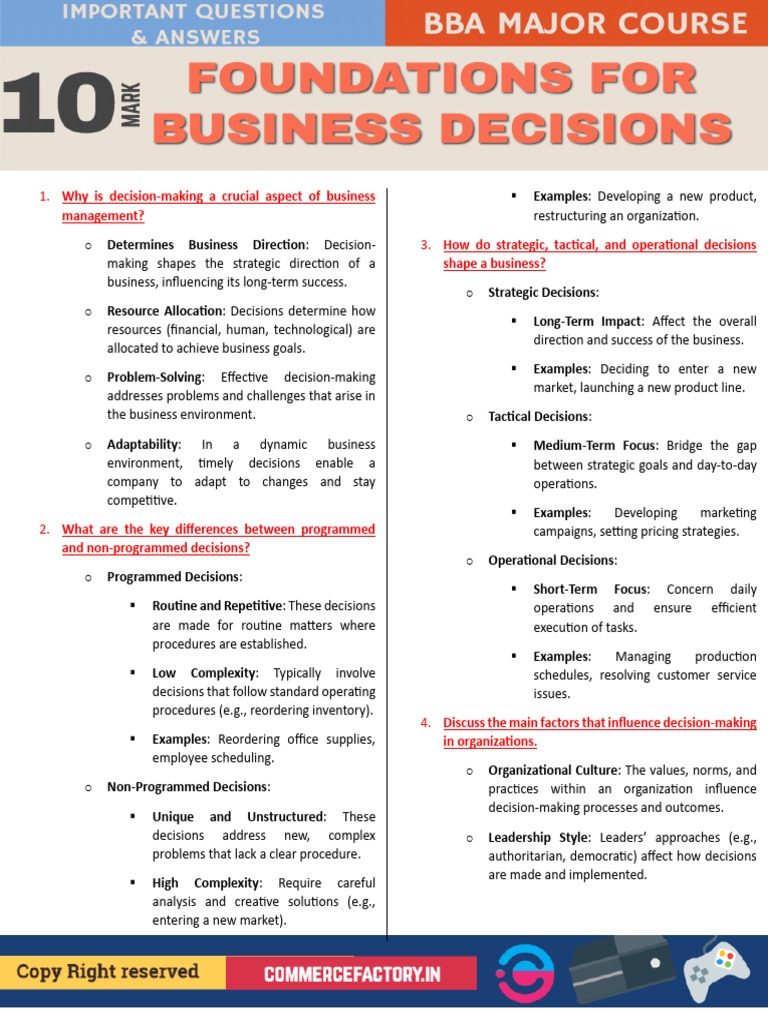 Foundations For Business Decisions-10 Marks | PDF | Decision Making ...