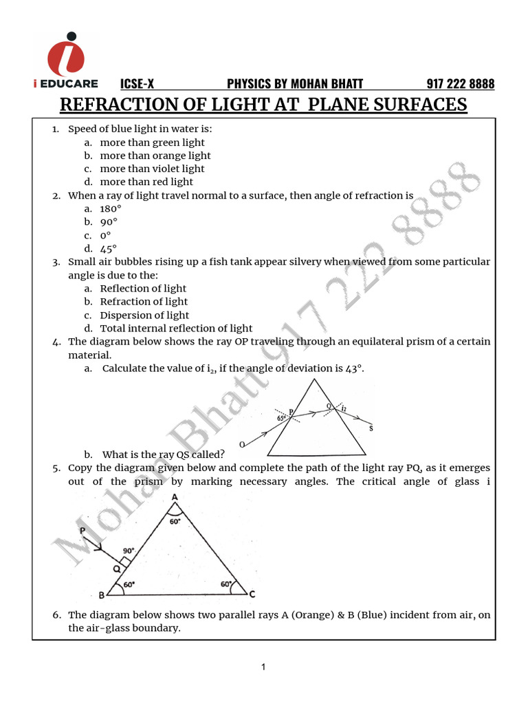 Refraction of Light: Key Concepts and Questions | PDF | Refraction ...