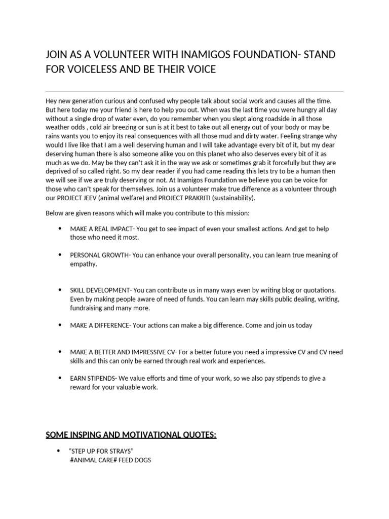 Join As A Volunteer With Inamigos Foundation | PDF