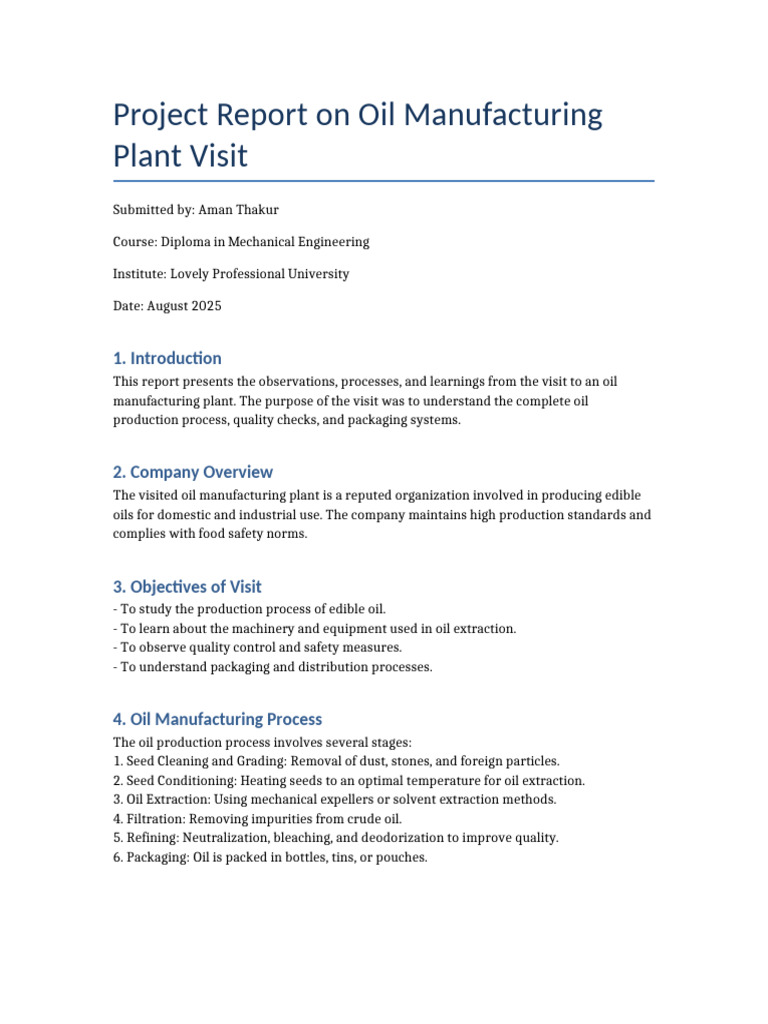 Oil Manufacturing Plant Report | PDF
