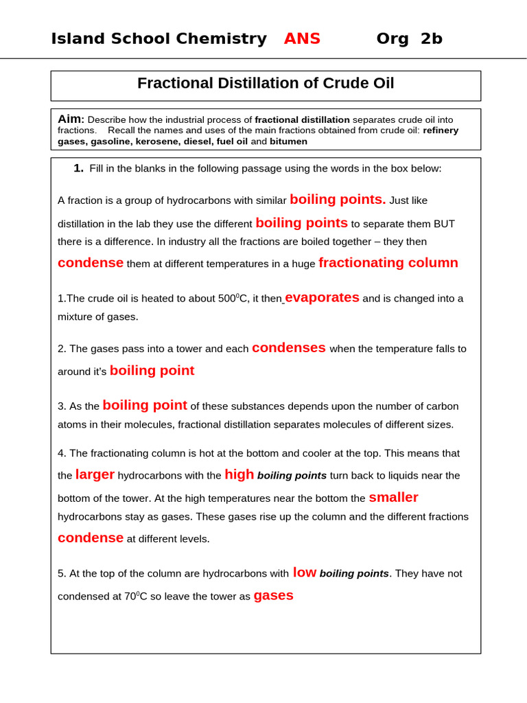 2b Fractional Distillation of Crude Oil (2017) ANSWERS | PDF ...