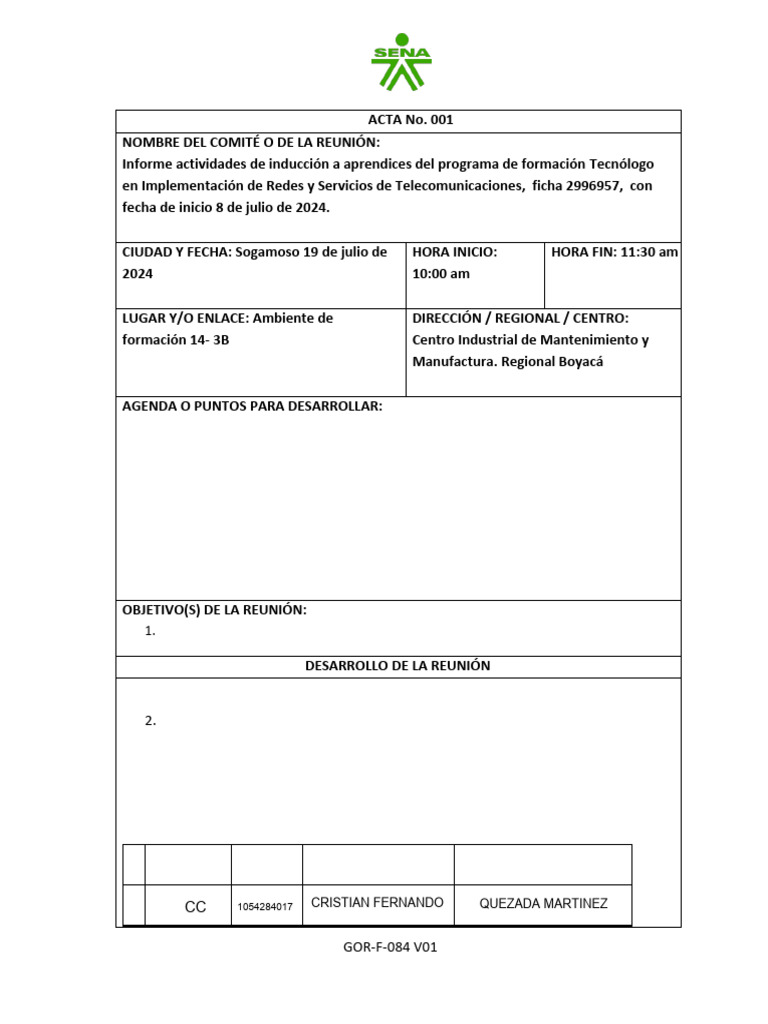 GOR-F-084 - Formato - de - Acta - Informe Induccion Firmado Ficha 2996957 | PDF | Información ...