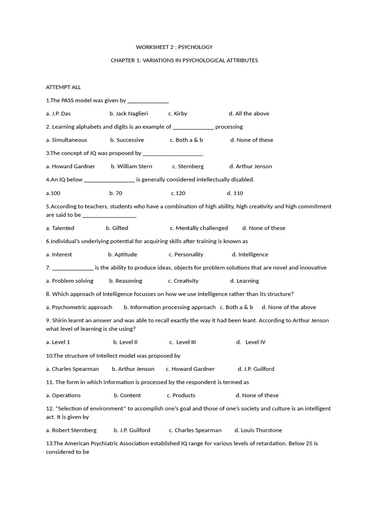 Class 12-Ch 1-Worksheet 2 | PDF | Intelligence Quotient | Intellectual Disability