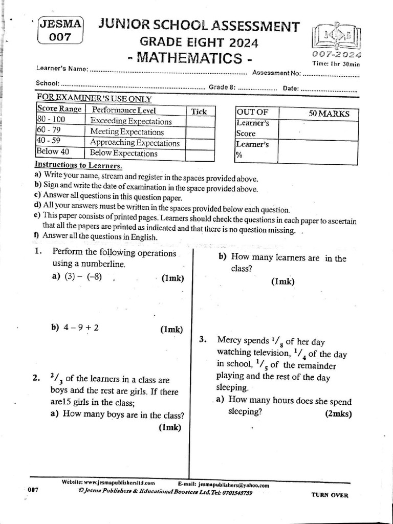 Grade 8 007 Jesma All Subjects With Marking Scheme PDF | PDF
