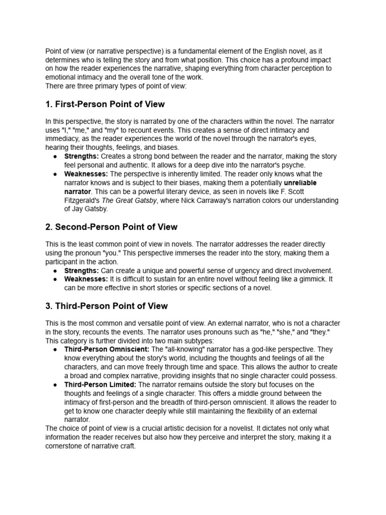 Write A Short Note On Point of View in English Nov... | PDF | Narration ...
