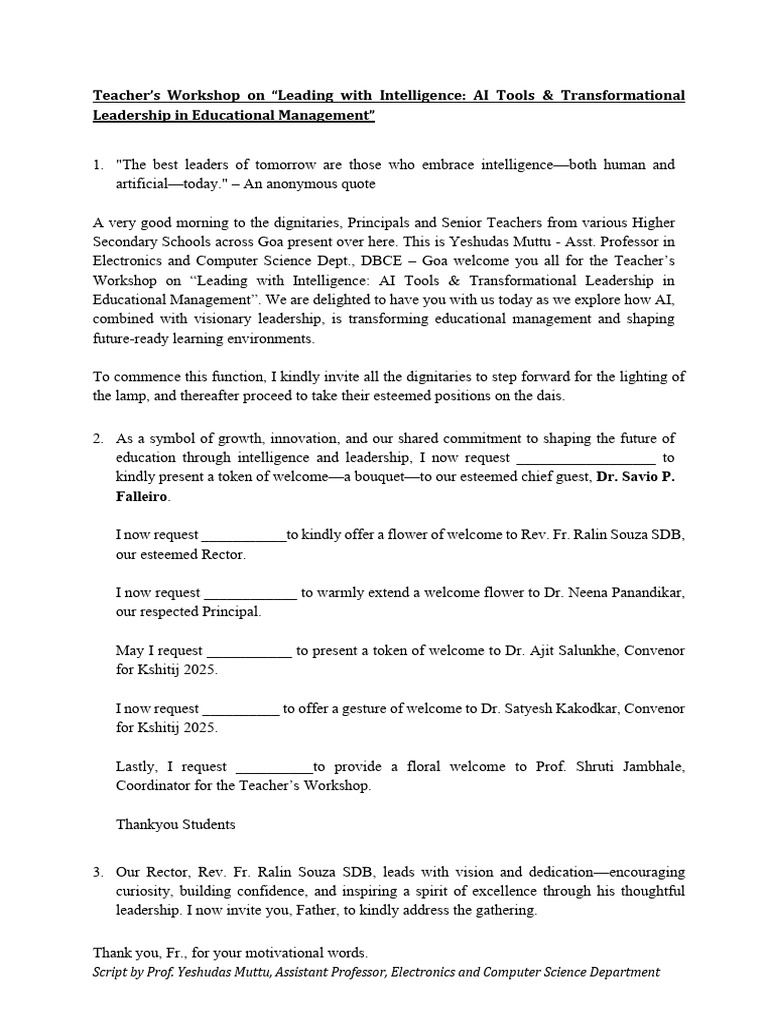 Teachers Workshop Script 2025 | PDF