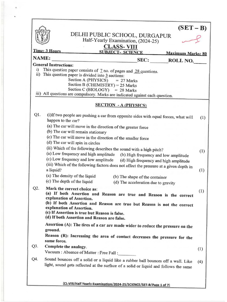 CL - 8 Half Yearly Exam Science (2024-25) | PDF
