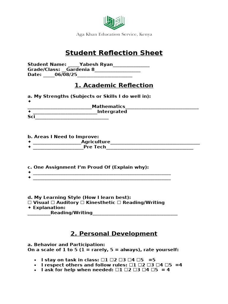 Student Reflection Sheet | PDF