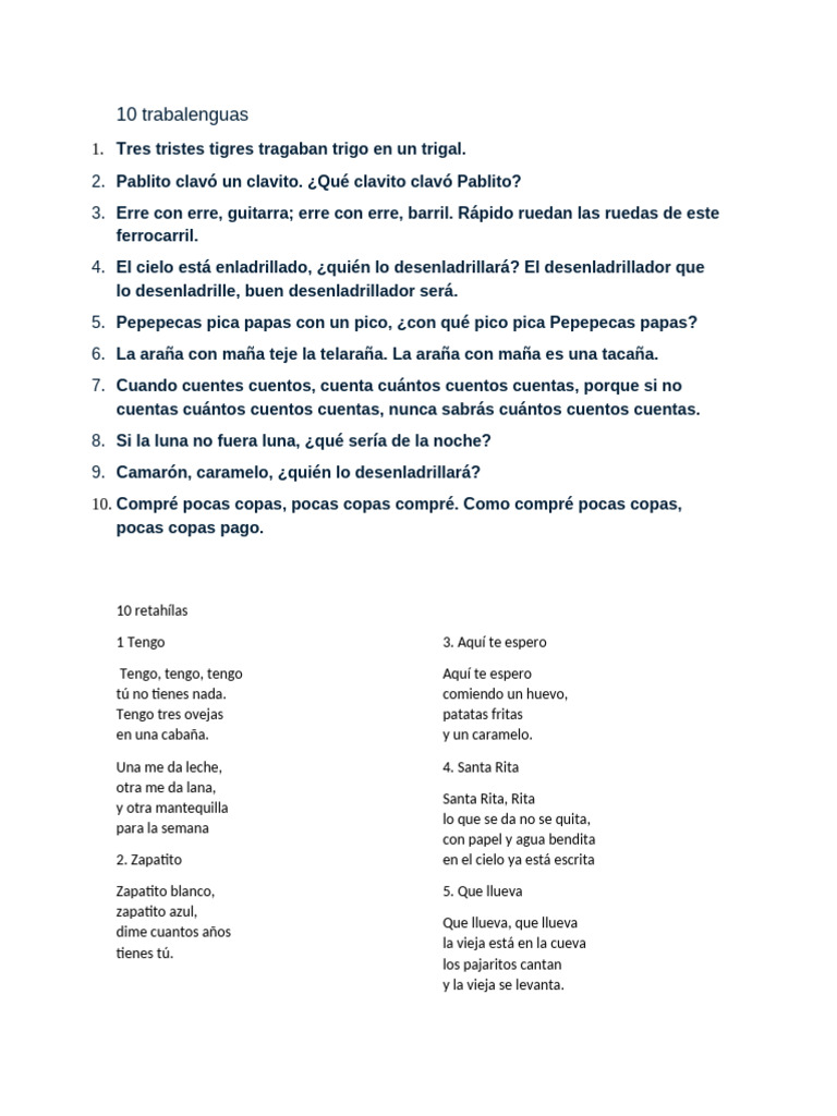 10 divertidos trabalenguas para niños | PDF | Alimentos