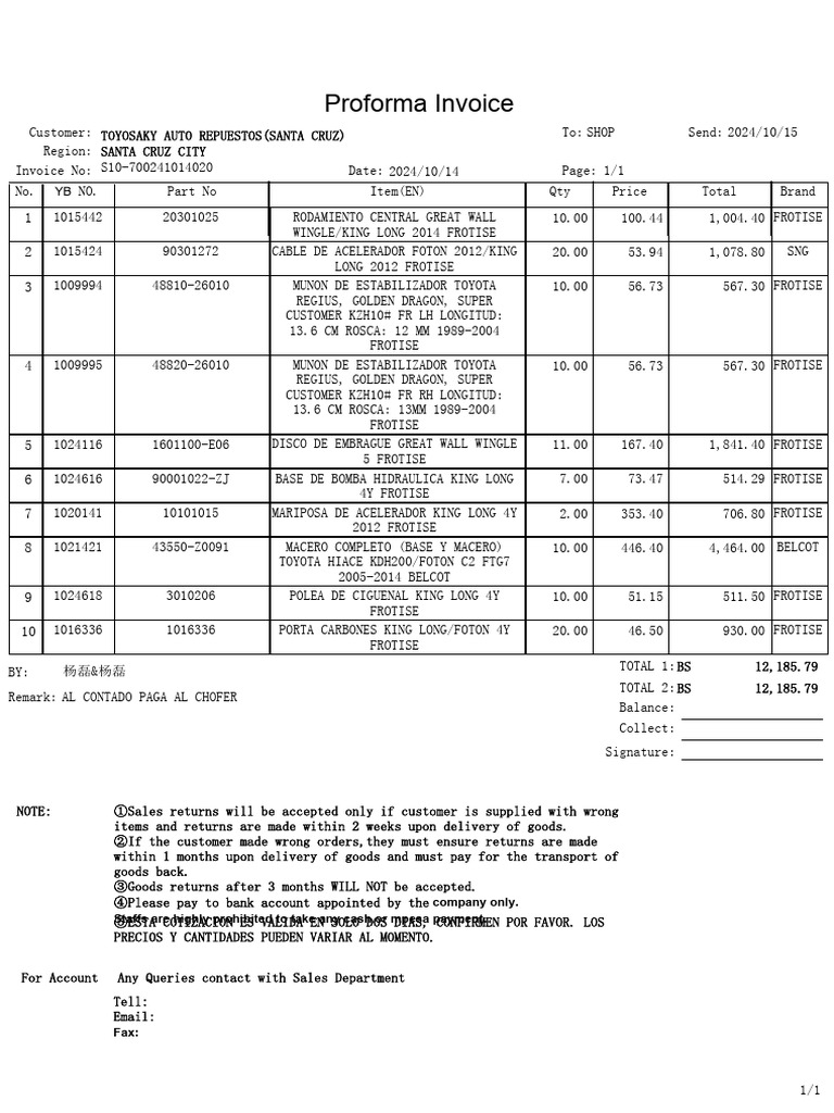 Frotise Auto Parts Proforma Invoice | PDF