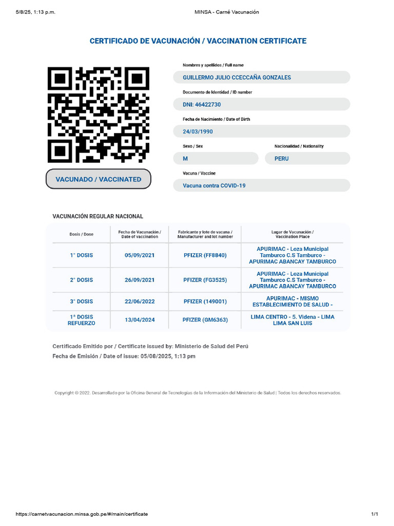 MINSA - Carné Vacunación | PDF
