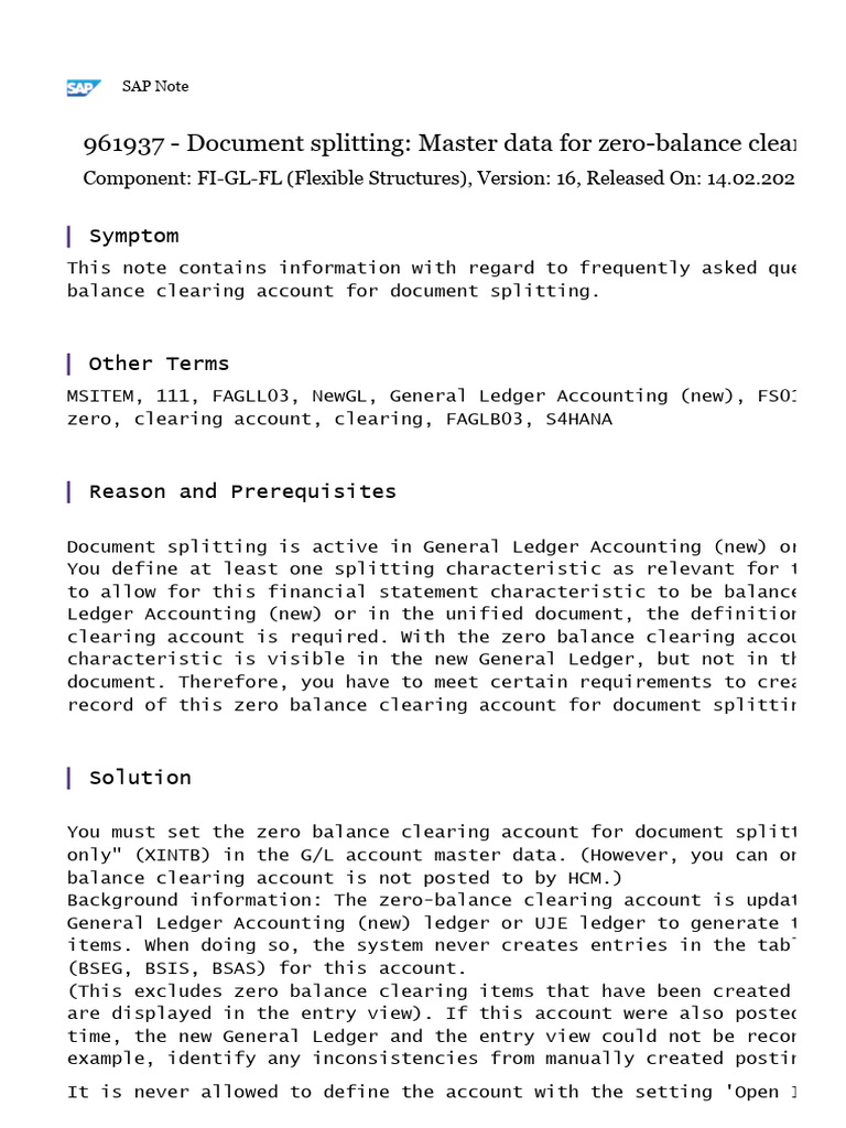 Document Splitting Master Data For Zero Balance Clearin | PDF | Computing