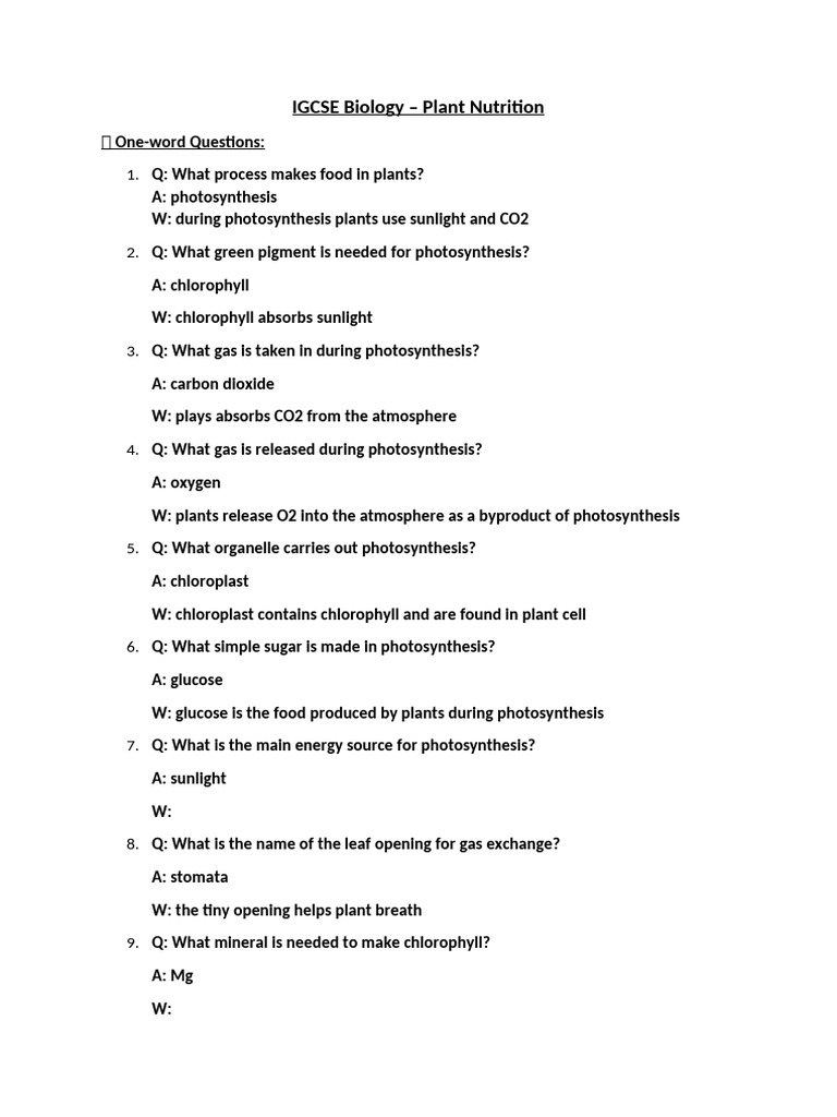 IGCSE Biology - Chapter 6,7 Questions | PDF | Digestion | Photosynthesis