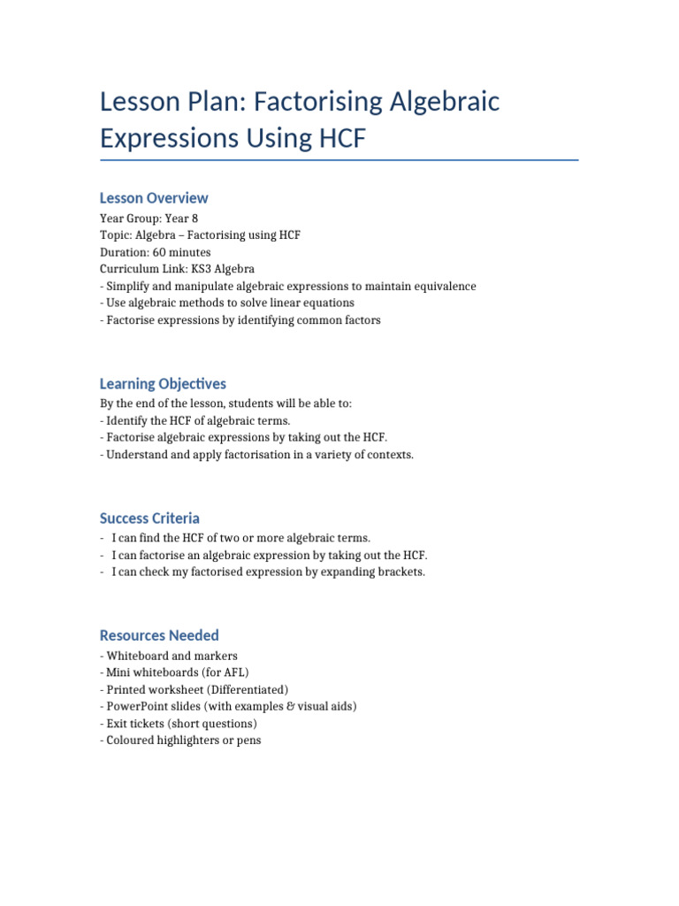 HCF Factorisation Lesson Plan for Year 8 | PDF | Factorization | Algebra