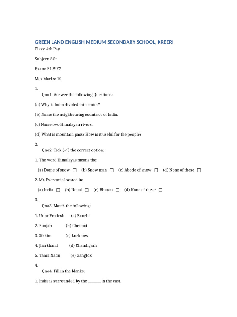 Class 4 S.St Exam Questions | PDF