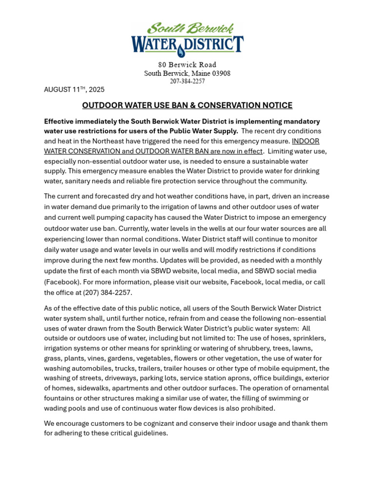 South Berwick Water Use Ban Notice | PDF | Water | Water Conservation