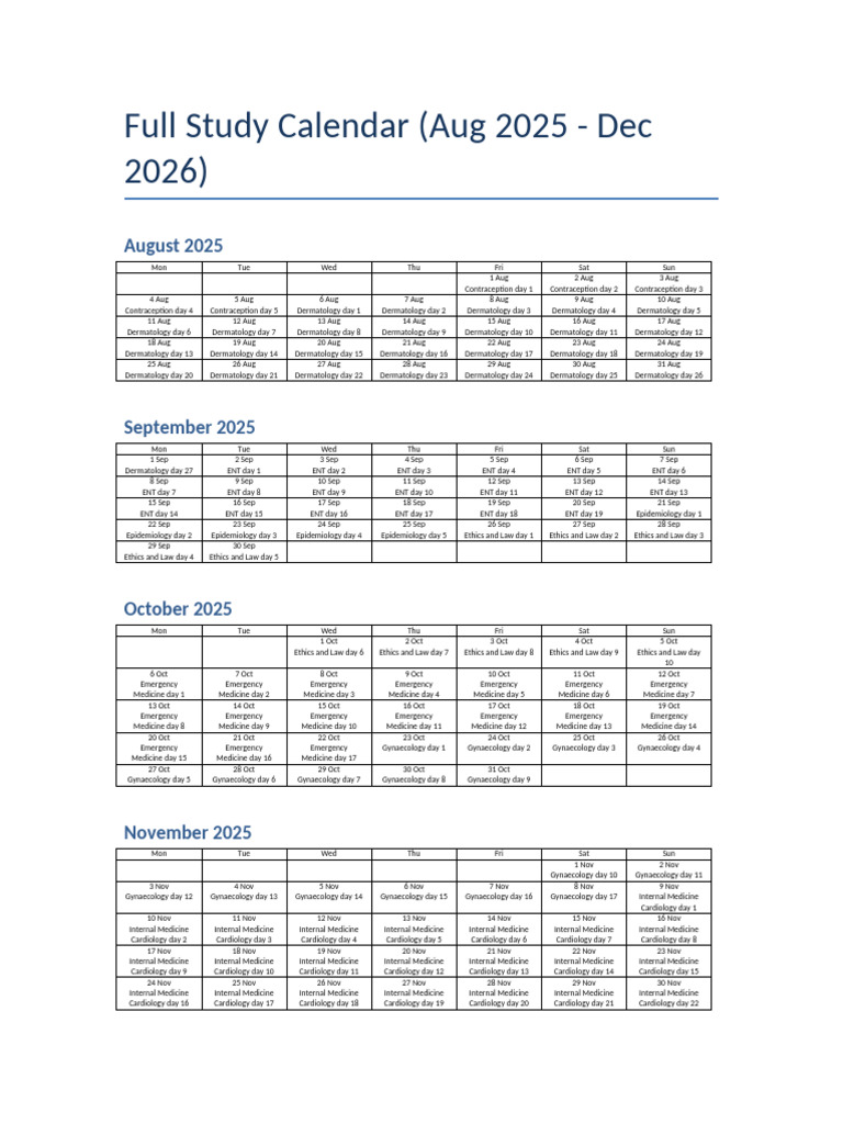 Study Calendar: Aug 2025 - Mar 2026 | PDF | Internal Medicine ...