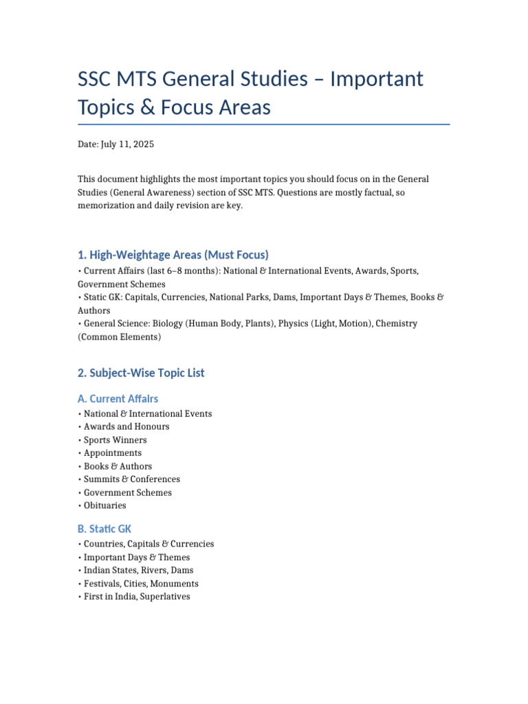 SSC MTS General Studies Focus Areas | PDF