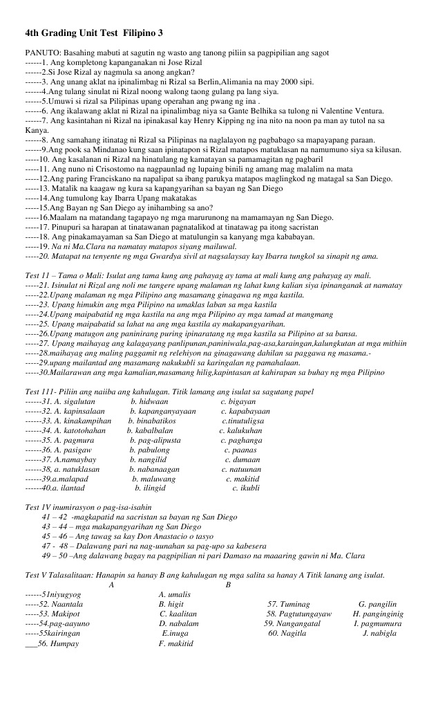 TH Grading Unit Test Filipino 3 | PDF
