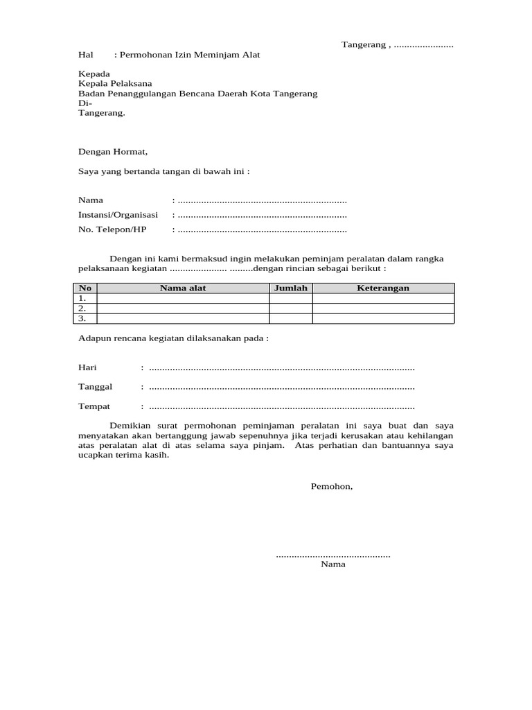 Surat Permohonan Peminjaman Alat | PDF
