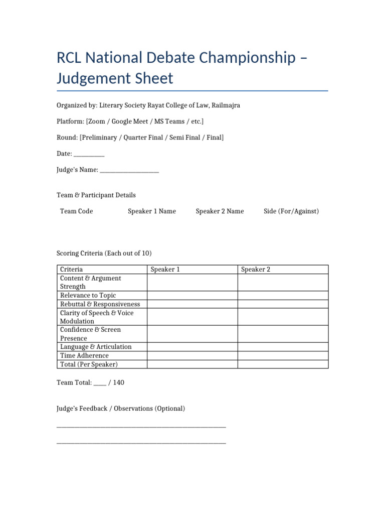 Debate Competition Judgement Sheet | PDF