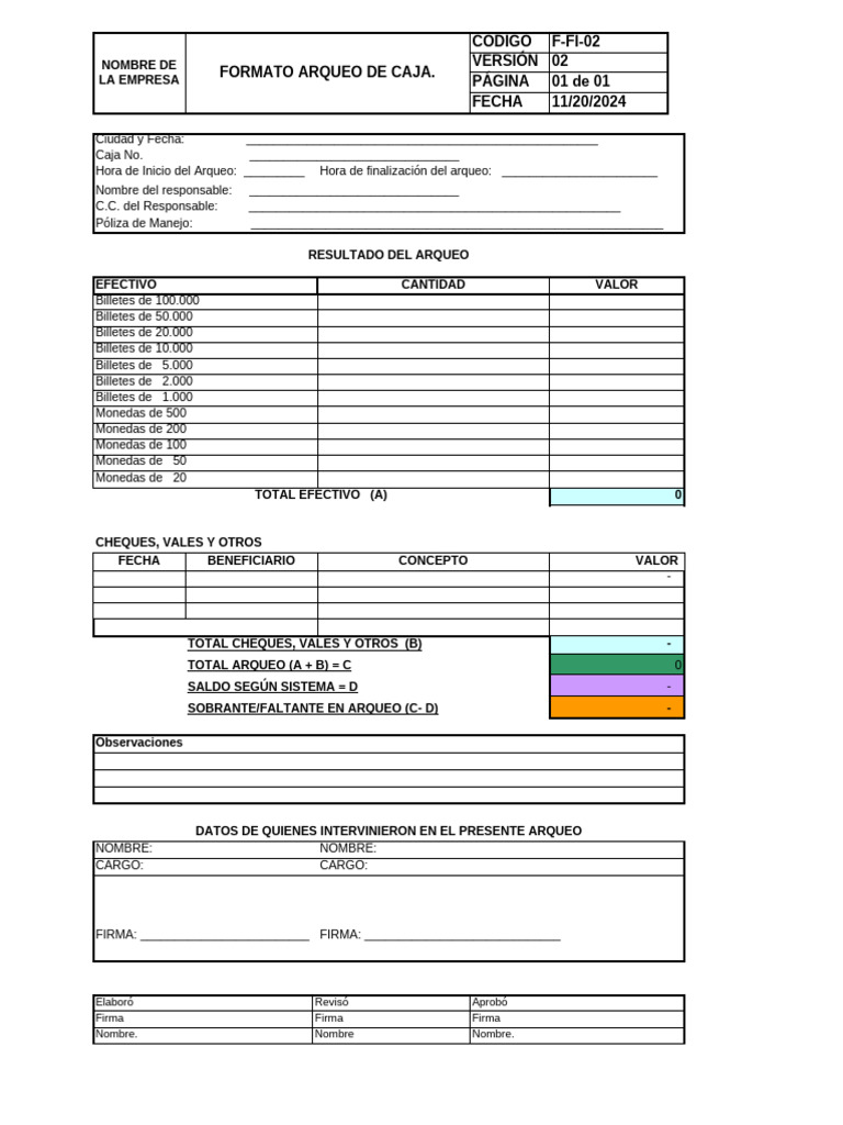 Formato Arqueo de Caja - 2025 | PDF