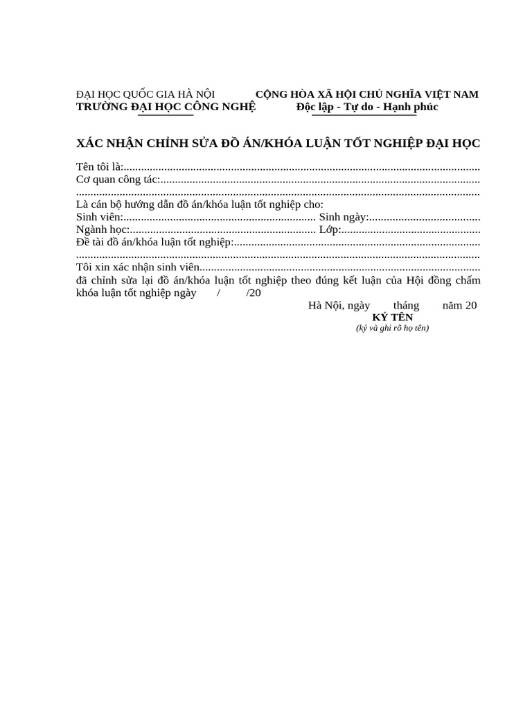 Mau Xac Nhan Chinh Sua DA-KLTN | PDF