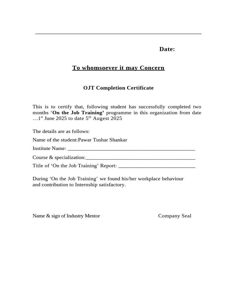 OJT Completion Certificate Template | PDF