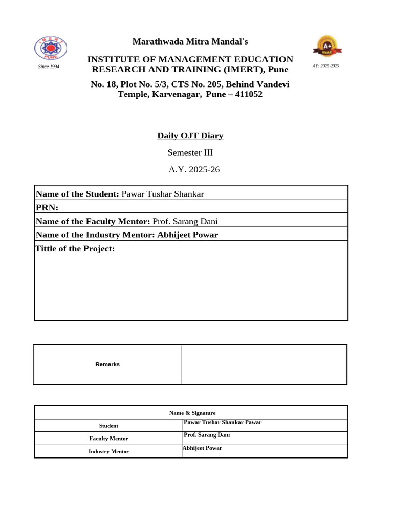 IMERT Daily Diary OJT Diary 2024-25 | PDF | Computing