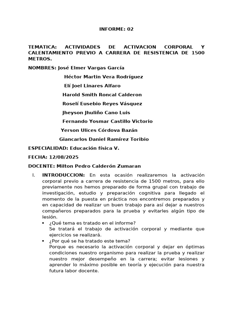 Informe de Activacion Corporal en Carrera de Resistencia 1500 Metros | PDF | Sistema ...