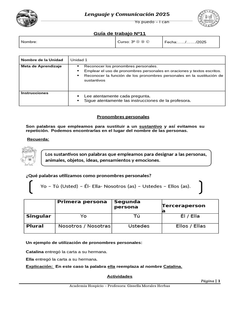 Guía de Pronombres Personales 3º Básico | PDF | Pronombre | Sintaxis