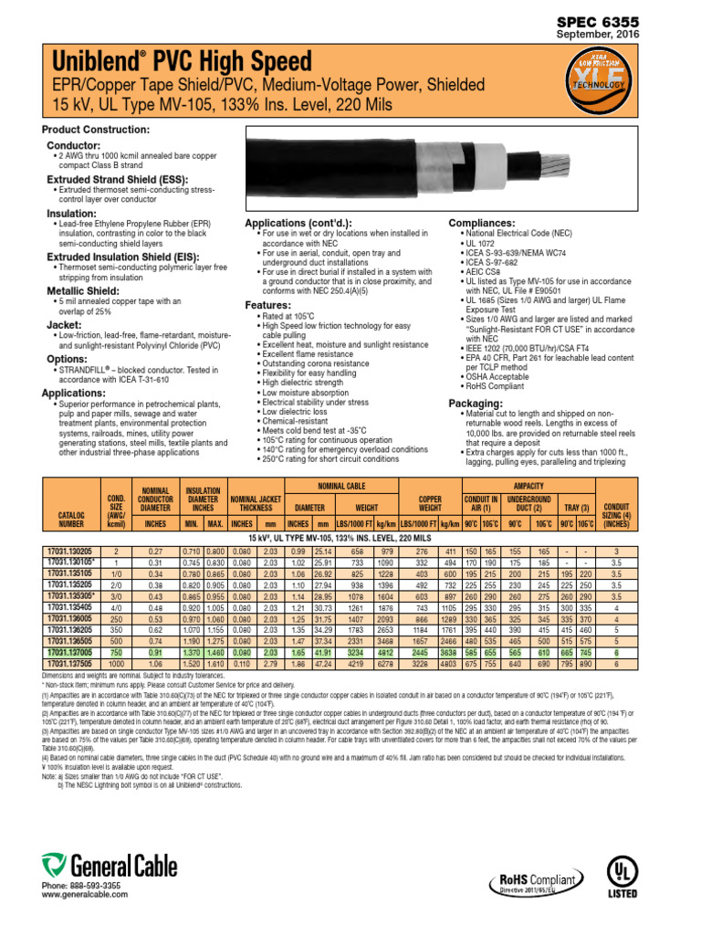 Uniblend MV-105 15kV Cable Specifications | PDF | Electrical Conductor ...