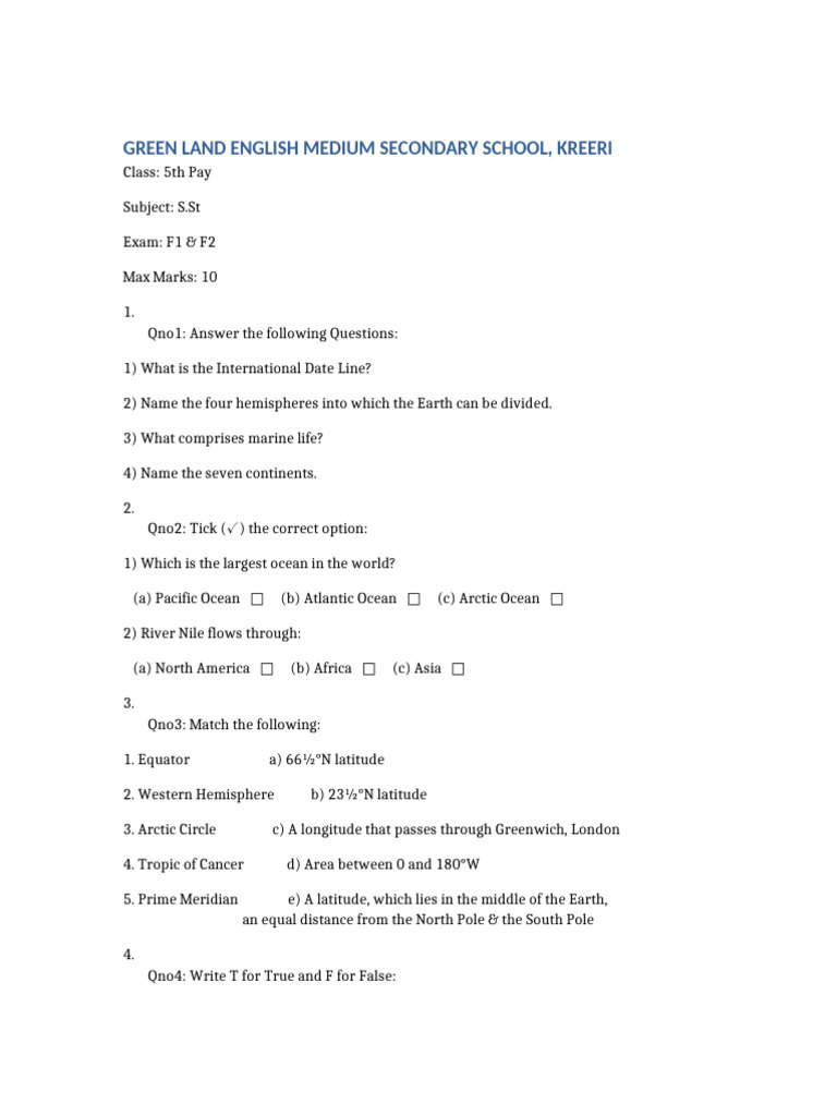 Class5 SST Question Paper | PDF