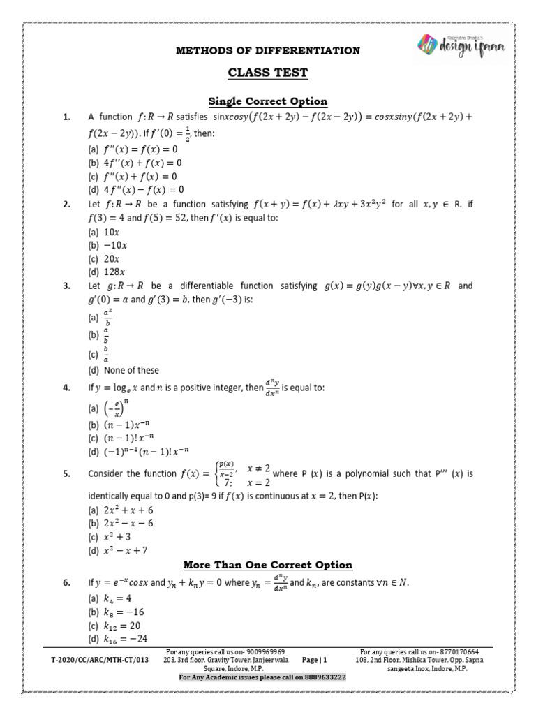Methods of Differentiation Test Guide | PDF | Function (Mathematics ...