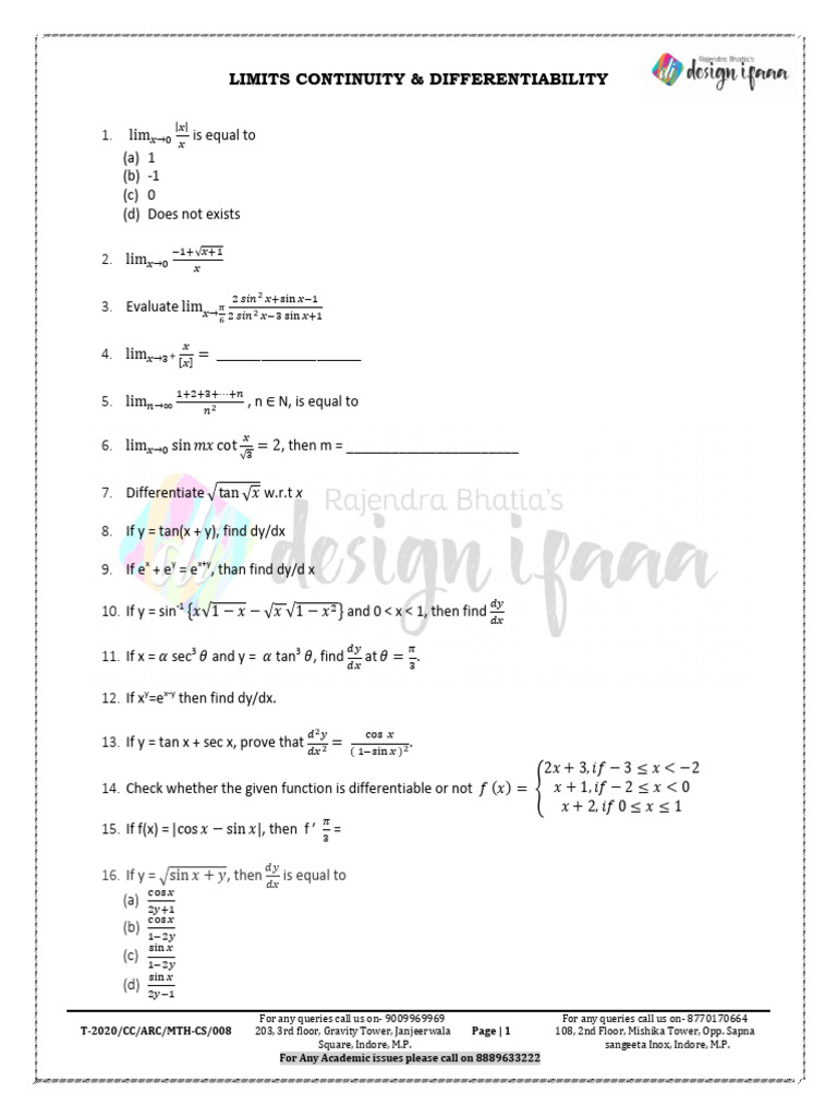 Class Sheet-Limit, Continuity - Differentiability | PDF | Chess | Chess Theory