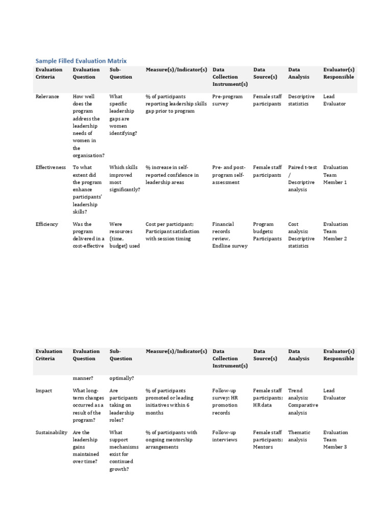 Sample Evaluation Matrix | PDF | Mentorship | Leadership