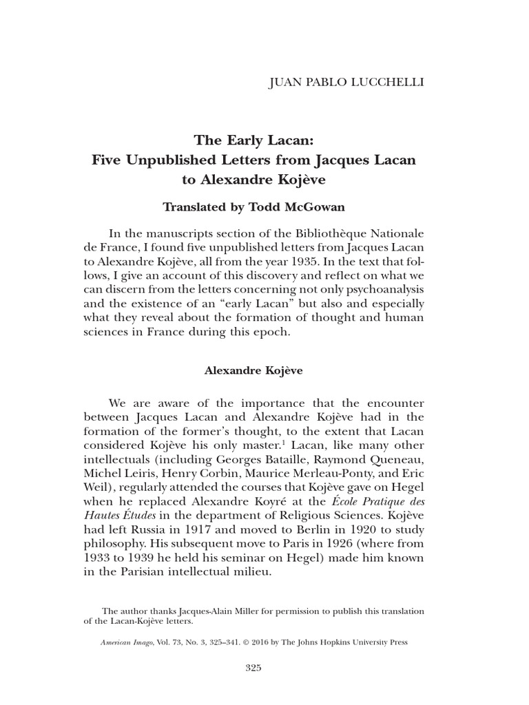 The EARLY LACAN 5 Unpublished Letter From Lacan To Kojeve | PDF ...