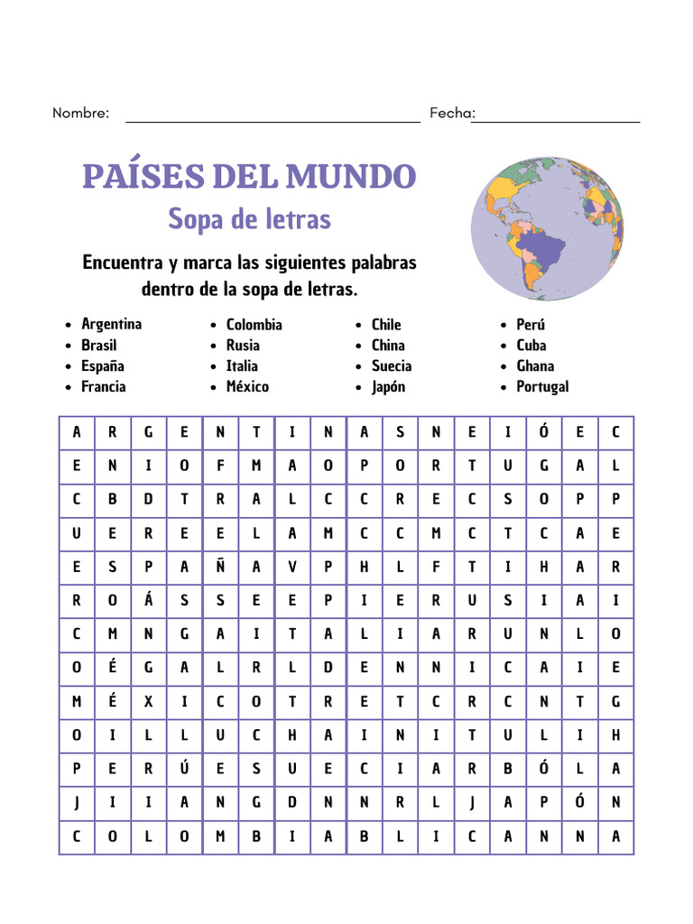 Sopa de Letras: Países del Mundo | PDF