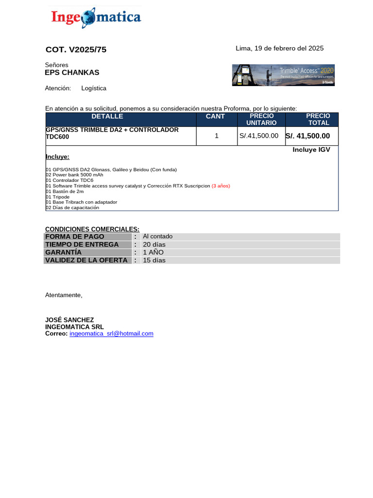 Cotización GPS-GNSS Trimble DA2 - EPS Chankas | PDF