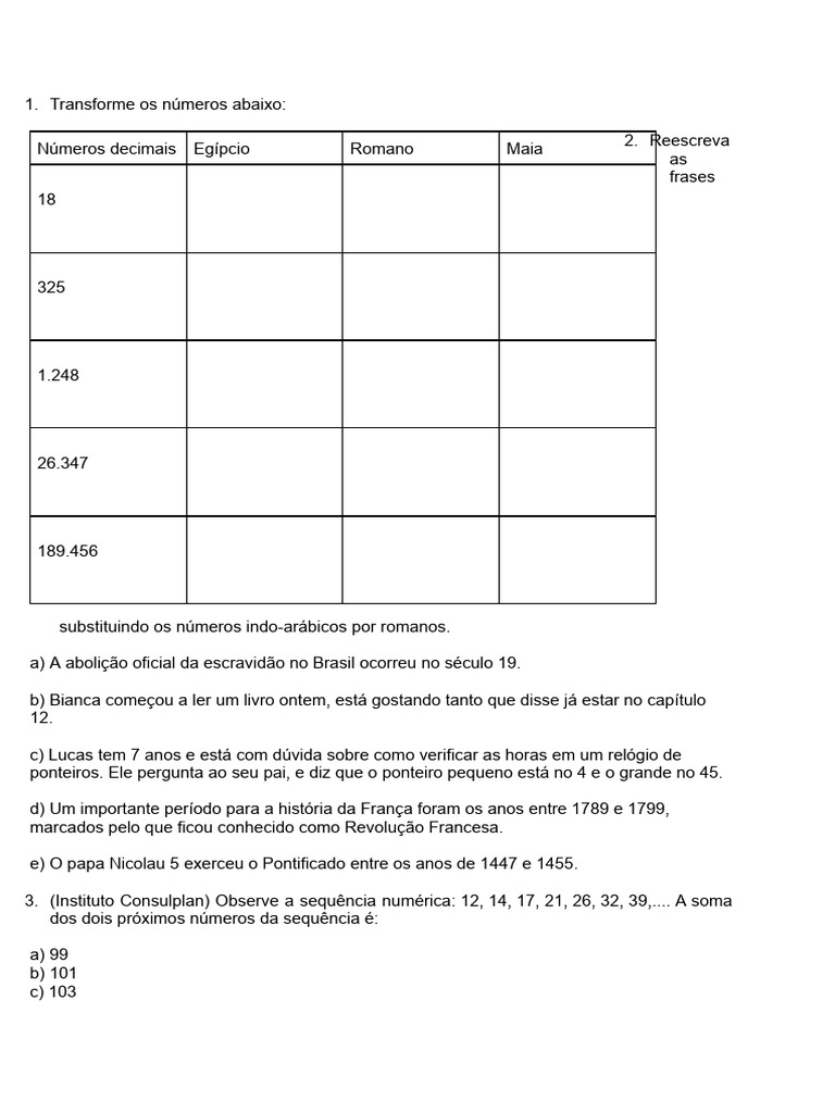 Exercícios de Matemática e Números Romanos | PDF