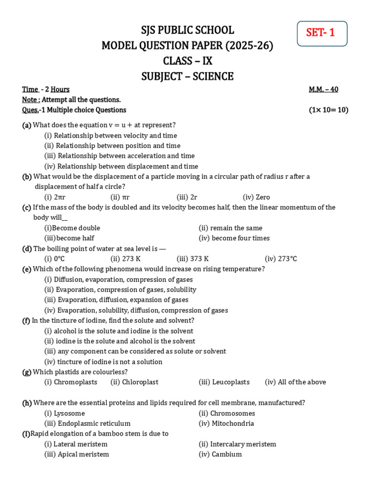 Class - Ix Science MTP Set - 1 (2025-26) Sjs Lalganj | PDF | Applied ...