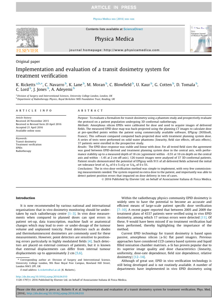 Transit Dosimetry System for Radiotherapy | PDF | Dosimetry | Ct Scan