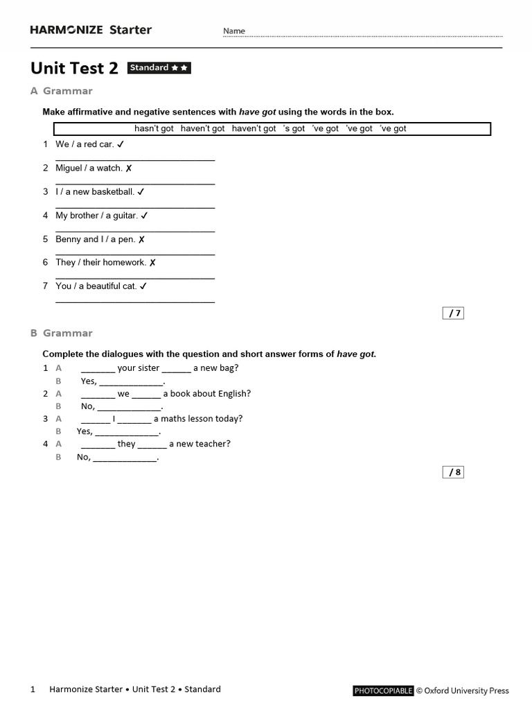 Harmonize - Starter - Unit 2 Test - Standard | PDF | Linguistics