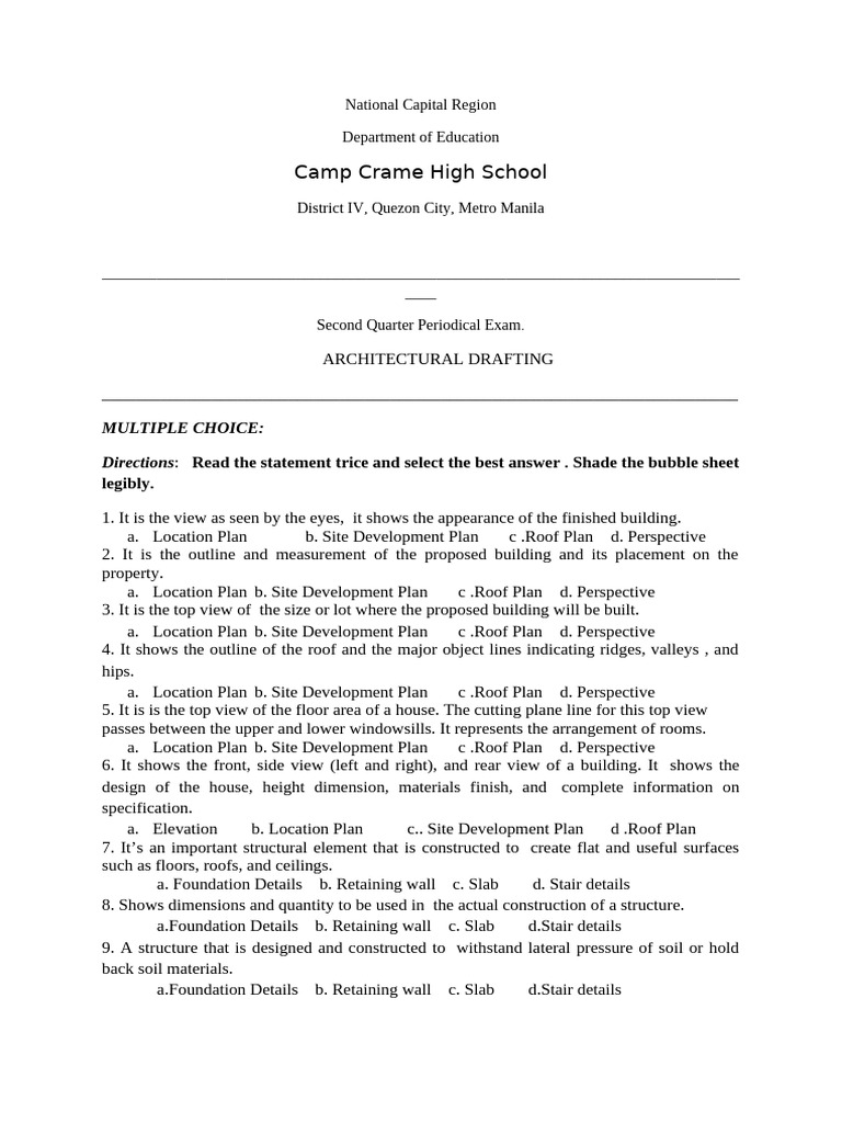 Architectural Drafting Exam Questions | PDF | Furniture | Window
