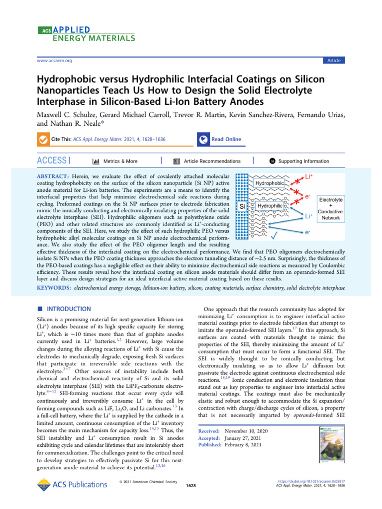 Hydrophobic Versus Hydrophilic Interfacial Coatings On Silicon Nanoparticles Teach Us How To ...